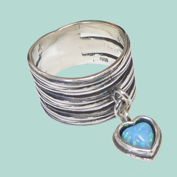 Israel Sterling Silver 925 Ring Dangle Blue Opal Heart Love ...